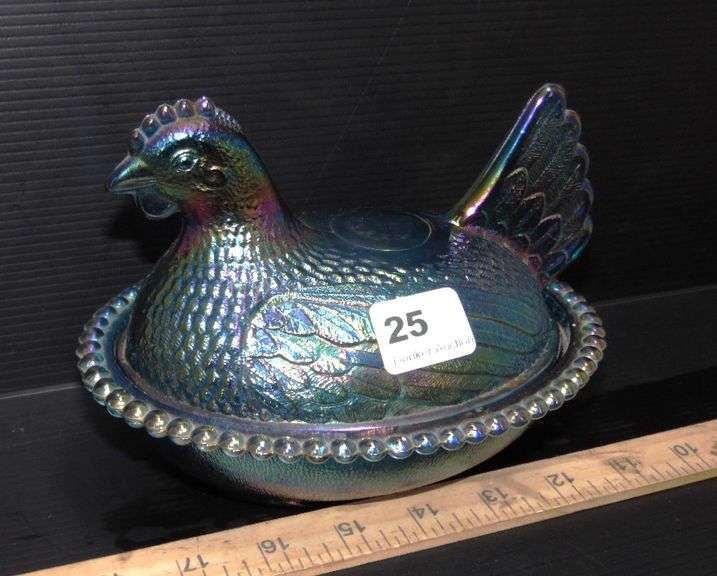 Indiana Glass Blue Iridescent Hen On Nest - Dunker Auction