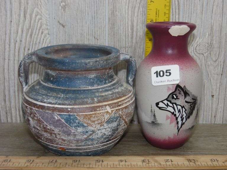 Two Handled Clay Pot & Signed Wolf Vase - Dunker Auction