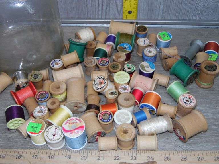 Square Glass Jar With Wooden Thread Spools - Dunker Auction