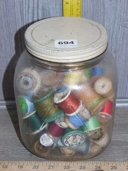 Square Glass Jar With Wooden Thread Spools - Dunker Auction