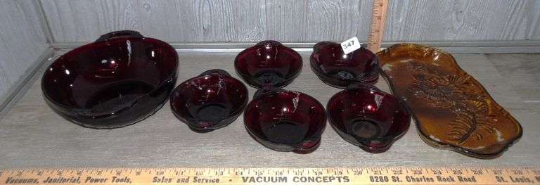 Floral Relish Dish & Anchor Hocking Ruby Red Coronation Dessert Bowls ...