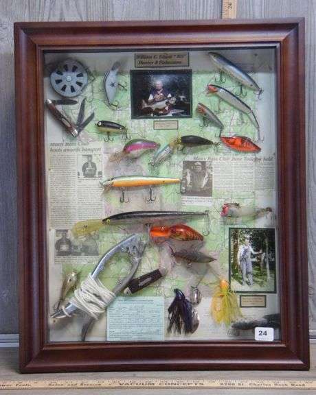 Fishing Lure Shadow Box With Newspaper Clippings - Dunker Auction