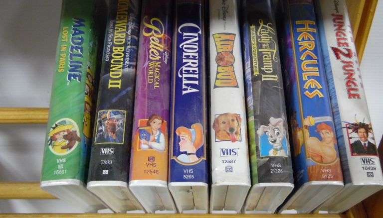 VHS Holder With Various VHS Tapes - 23" x 8" x 46 1/2" - Dunker Auction