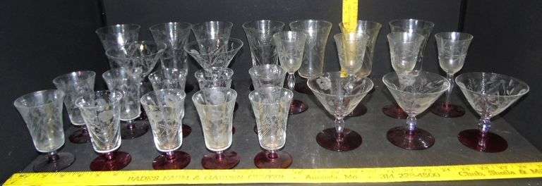 Ruby Red Base Etched Stemware - Dunker Auction