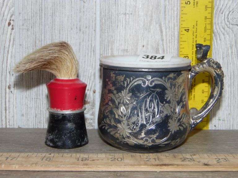 Milk Glass Shaving Cup With Quadruple Plate Holder & Brush - Dunker Auction