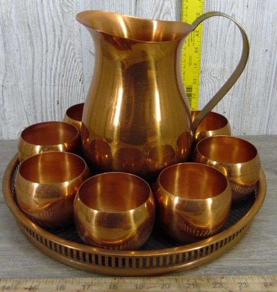 Copper Pitcher, Cups & Serving Tray - Dunker Auction