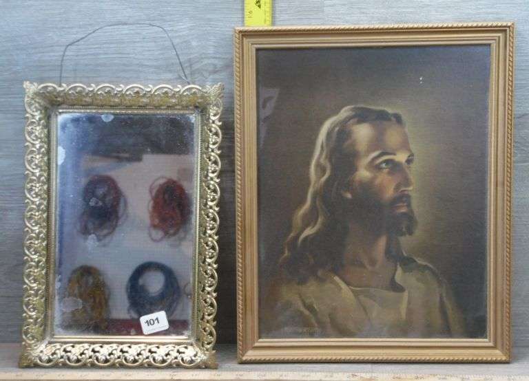 Mirrored Vanity Tray & Jesus By Kriebel & Bates 1941 - Dunker Auction