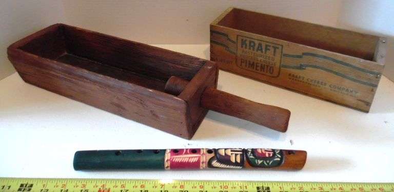 Kraft Cheese Box, Primitive Wood Piece & Wood Flute - Dunker Auction