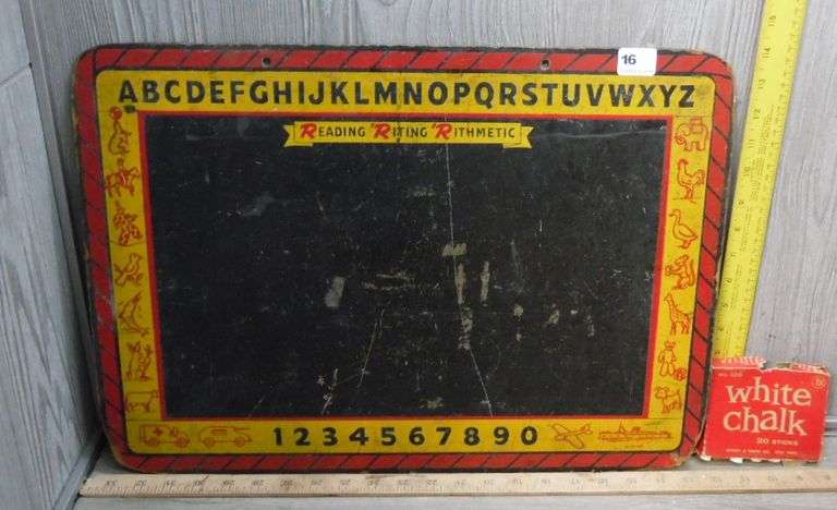 Vintage Reading, 'Riting, 'Rithmetic Chalk Board & Chalk - Dunker Auction