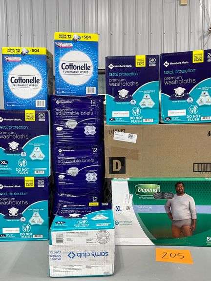 MISC LOT OF DEPENDS, ADJUSTABLE BRIEFS, FLUSHABLE WIPES & PREMIUM ...
