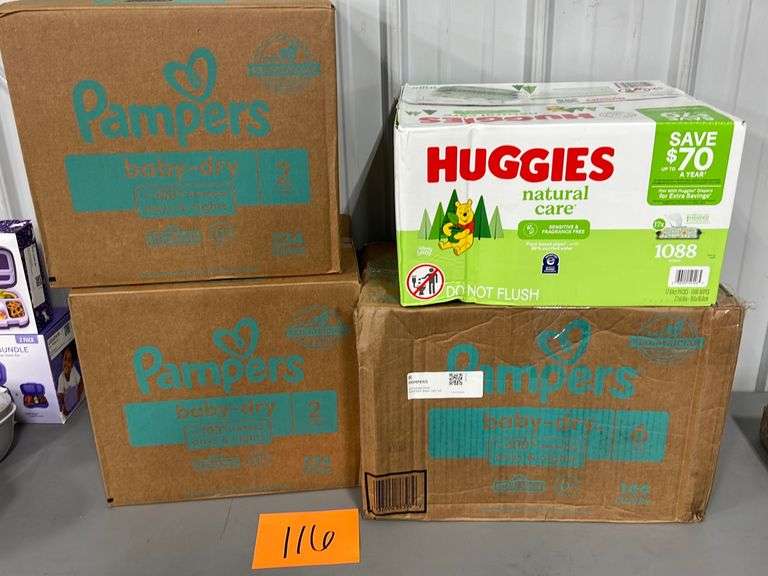 3 BOXES OF PAMPERS DIAPERS & 1 BOX OF HUGGIES BABY WIPES - Earl's ...