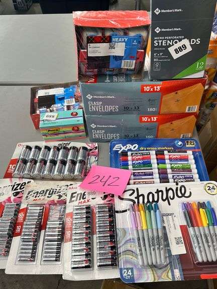 MISC OFFICE LOT - ENVELOPES, MARKERS, BATTERIES, POST ITS, TAPE, NOTE ...