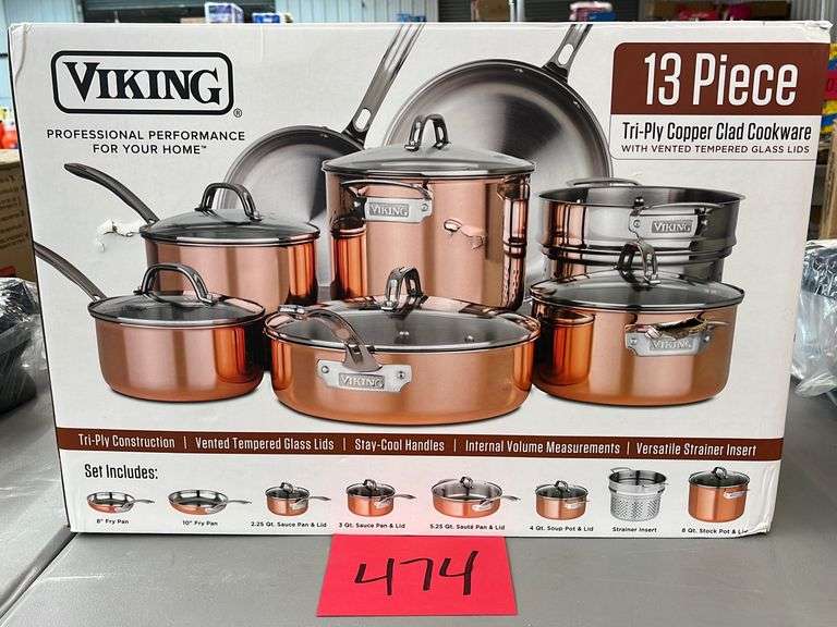 VIKING 13PC TRI-PLY COPPER CLAD COOKWARE SET IN BOX - Earl's Auction ...