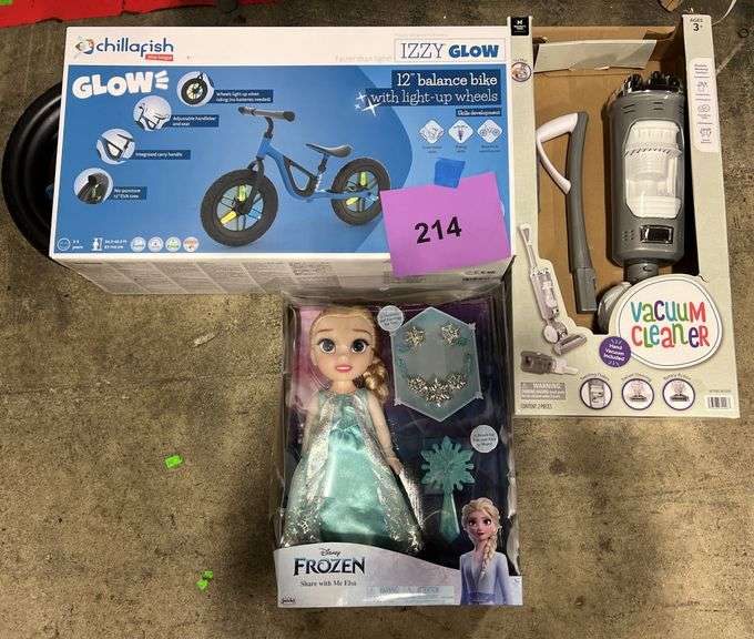 3PC KIDS TOYS LOT - ELSA DOLL, VACUUM & BIKE - Earl's Auction Company