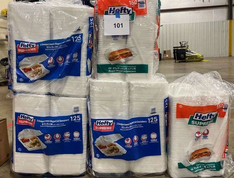 (5) PACKS OF HEFTY FOAM HINGED LID CONTAINERS - Earl's Auction Company