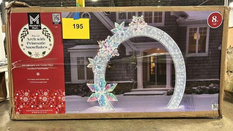 8FT PRE LIT ARCH W/ PRISMATIC SNOWFLAKES IN BOX - Earl's Auction Company