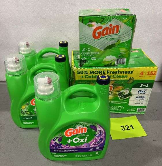 5PC GAIN LAUNDRY LOT - DETERGENT, FLINGS & DRYER SHEETS - Earl's Auction Company