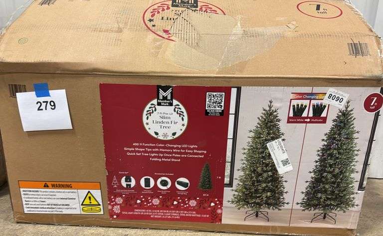 AS IS - 7FT -PRE-LIT SLIM LINDEN FIR TREE IN BOX - Earl's Auction Company