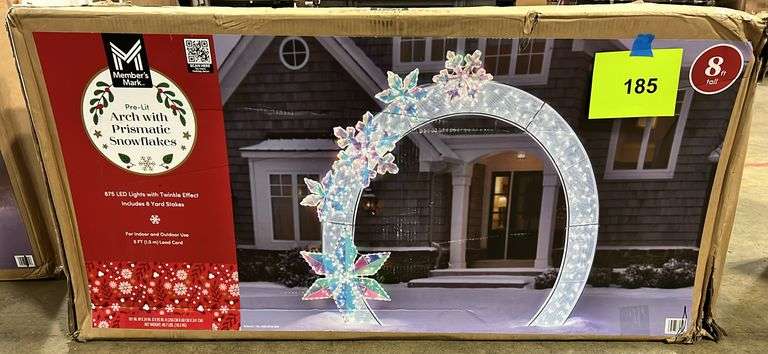 8FT PRE LIT ARCH W/ PRISMATIC SNOWFLAKES IN BOX - Earl's Auction Company