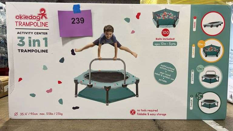 OKIEDOG KIDS TRAMPOLINE 3 IN 1 ACTIVITY CENTER IN BOX - Earl's Auction Company