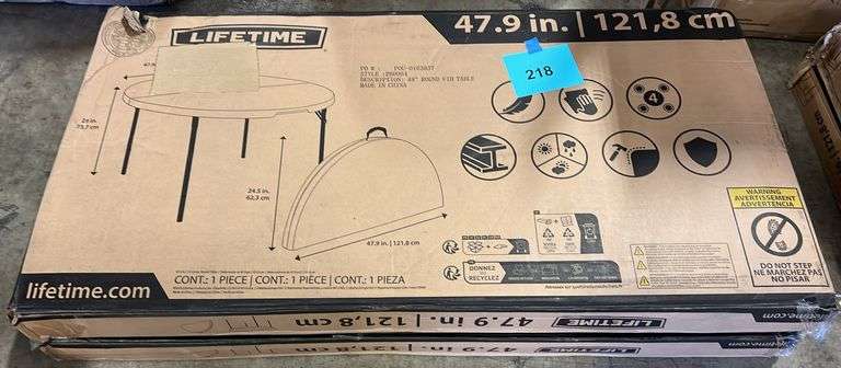 (2) LIFETIME 48" ROUND FOLD IN HALF TABLES IN BOXES - Earl's Auction ...