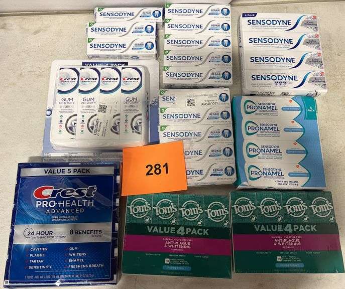(8) PACKS OF TOOTHPASTE & (3) BOXES - SENSODYNE, CREST & TOMS OF MAINE ...