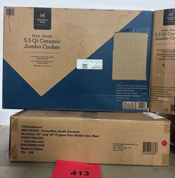 5.5QT CERAMIC JUMBO COOKER & 2PC FRYPAN SET IN BOXES - BLUE & RED ...
