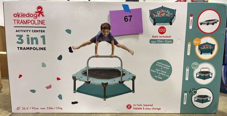 OKIEDOG KIDS 3 IN 1 TRAMPOLINE ACTIVITY CENTER IN BOX - Earl's Auction Company