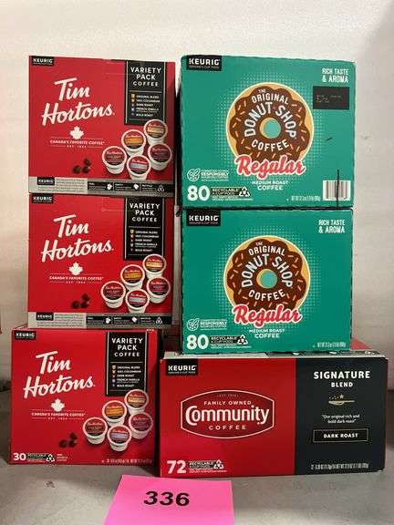 (6) BOXES OF K CUP COFFEE PODS - TIM HORTONS, DONUT SHOP & COMMUNITY ...