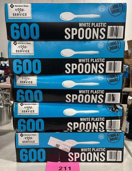 (5) BOXES OF WHITE PLASTIC SPOONS - Earl's Auction Company