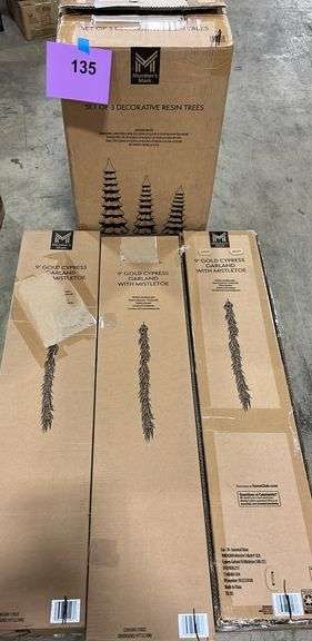 3PC DECORATIVE RESIN TREES & (3) 9FT GOLD CYPRESS GARLANDS IN BOXES ...