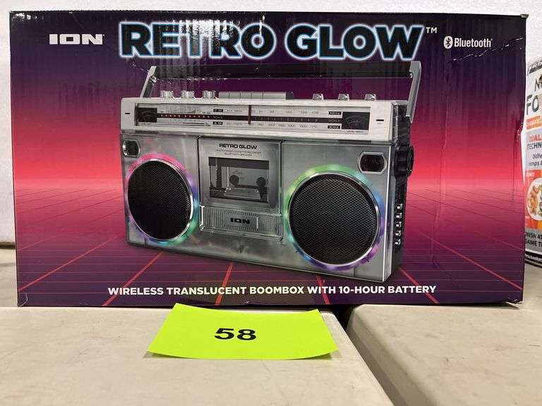ION RETRO GLOW BLUETOOTH TRANSLUCENT BOOMBOX IN BOX - Earl's Auction ...