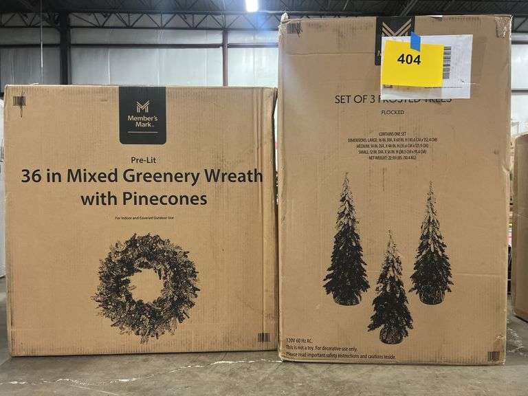 36" GREENERY WREATH & 3PC FROSTED TREES IN BOXES - Earl's Auction Company