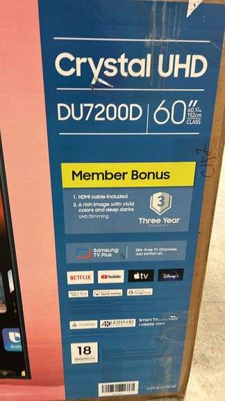 SAMSUNG 60" CRYSTAL UHD DU7200D 4K SMART TV IN BOX - Earl's Auction Company