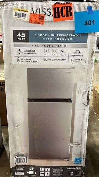 VISSANI 4.5CU FT 2 DOOR MINI REFRIGERATOR IN BOX - Earl's Auction Company