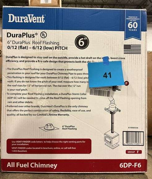 DURAVENT 6" DURAPLUS ROOF FLASHING PITCH IN BOX - Earl's Auction Company