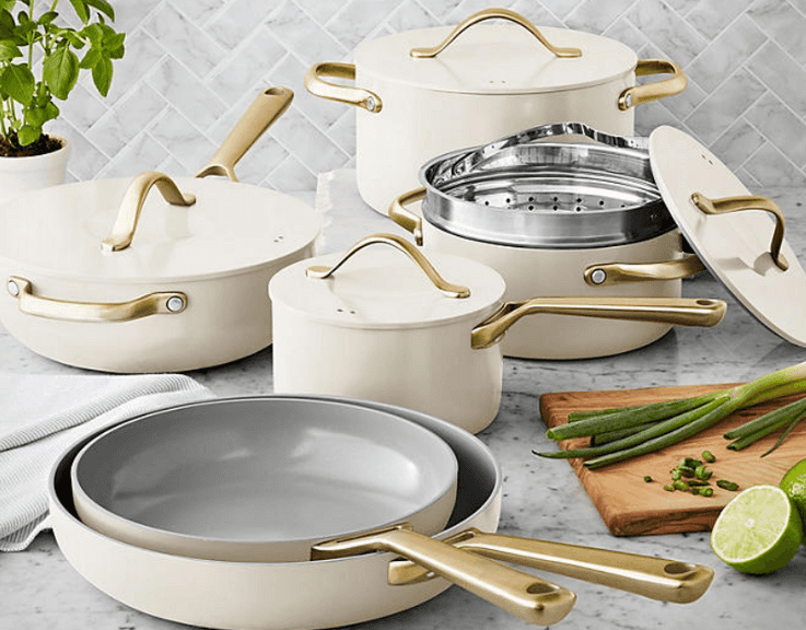 11PC NON STICK CERAMIC COOKWARE SET IN BOX - BEIGE - Earl's Auction Company