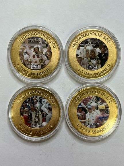 (4) INDIANAPOLIS 500 4 TIME WINNER COINS (1961, 1964, 1967 & 1977 ...