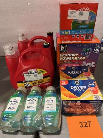 6PC LAUNDRY LOT - DRYER SHEETS, DETERGENT , PACS & FABRIC RINSE - Earl's Auction Company