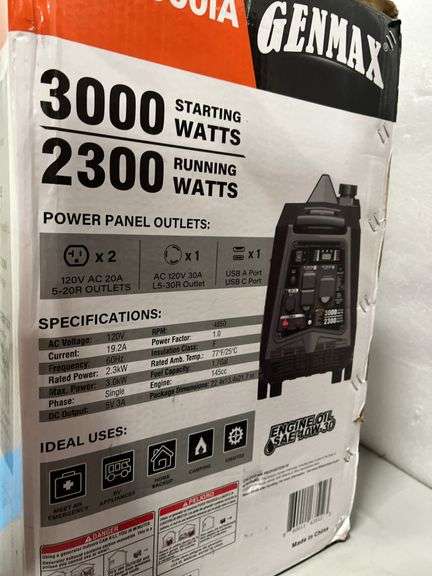 GENMAX PORTABLE INVERTER GENERATOR IN BOX - Earl's Auction Company