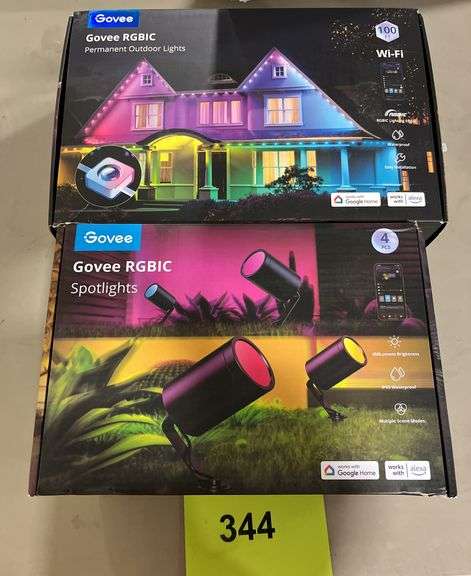 AS IS - GOVEE RGBIC PERMANENT OUTDOOR LIGHTS & (4) SPOTLIGHTS IN BOXES ...