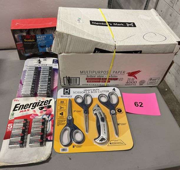 5PC OFFICE LOT - PAPER, TAPE, BATTERIES & SCISSORS - Earl's Auction Company