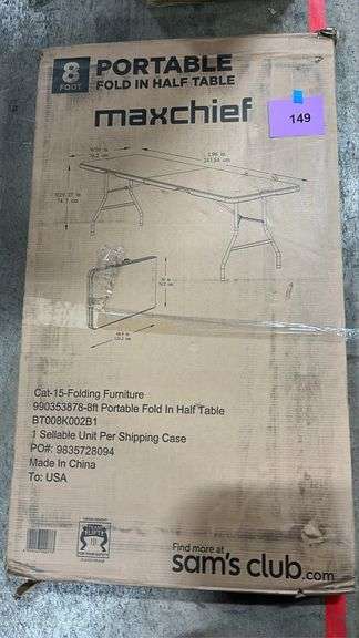 MAXCHIEF 8FT PORTABLE FOLD IN HALF TABLE IN BOX - Earl's Auction Company