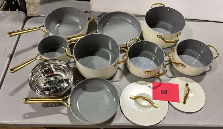 11PC NON STICK CERAMIC COOKWARE SET - CREAM - Earl's Auction Company