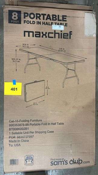 MAXCHIEF 8FT PORTABLE FOLD IN HALF TABLE IN BOX - Earl's Auction Company