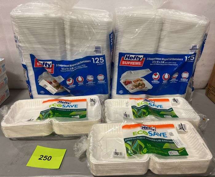 (5) PACKS OF HEFTY FOAM/ COMPOSTABLE HINGED LID CONTAINERS - Earl's ...