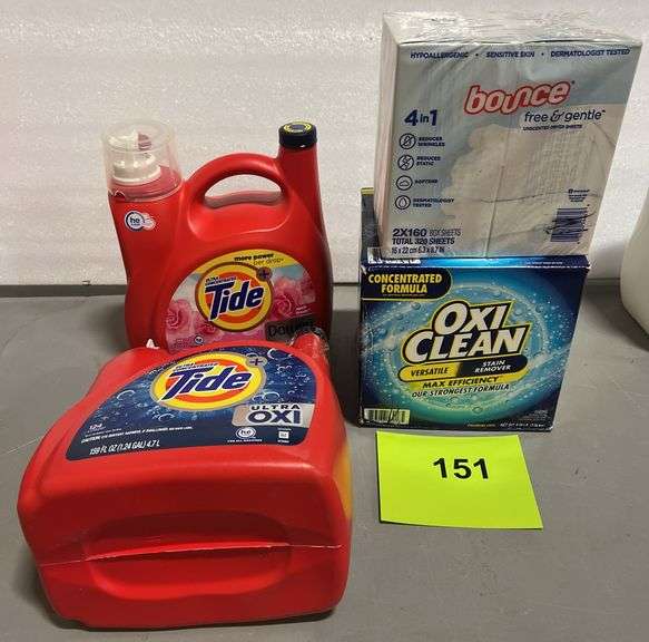 4PC LAUNDRY LOT - TIDE, OXI CLEAN & BOUNCE - Earl's Auction Company