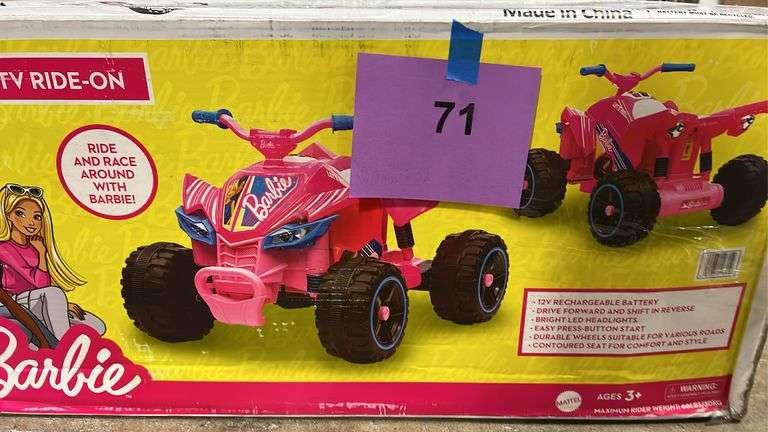 KIDS BARBIE 12V ATV RIDE ON IN BOX - Earl's Auction Company