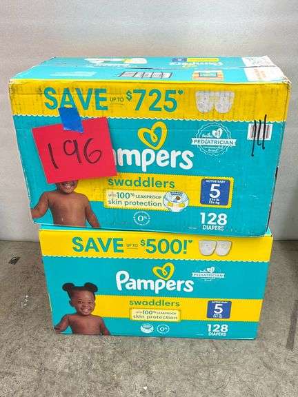 (2) BOXES OF SIZE 5 PAMPERS SWADDLERS (128 PER BOX) - Earl's Auction ...