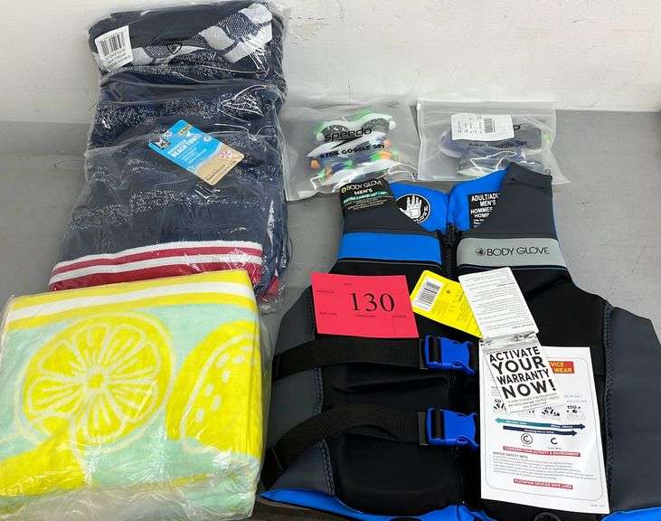 (4) BEACH TOWELS, LIFE JACKET & GOGGLES - Earl's Auction Company